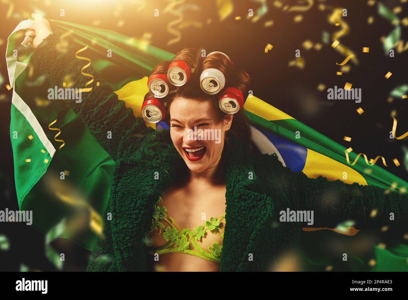 Happy emotional woman, fan cheering up favorite Brazil football, soccer ...