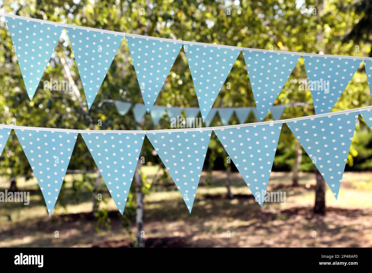 Light blue bunting flags in park. Party decor Stock Photo - Alamy