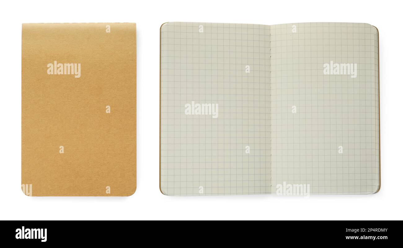 Closed and open planners on white background, top view. Collage Stock ...