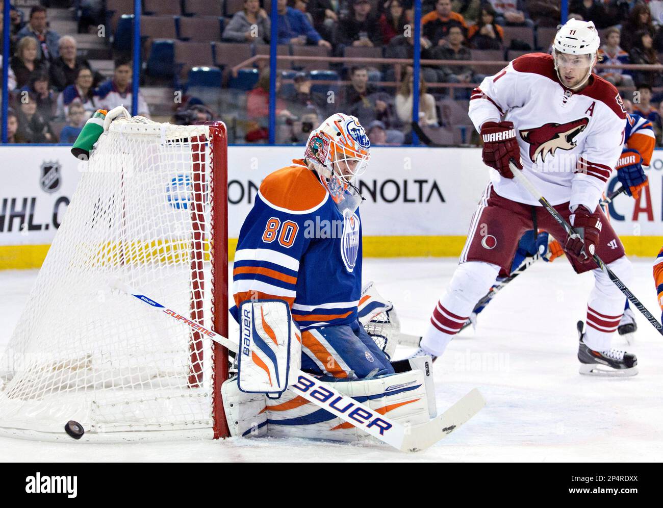 Phoenix Coyotes' Martin Hanzal (11) is stopped by Edmonton Oilers ...