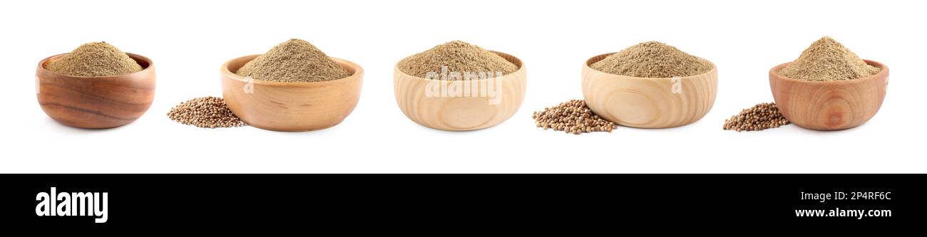Set with coriander seeds and powder on white background. Banner design ...