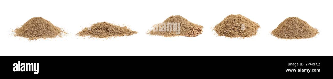 Set with coriander seeds and powder on white background. Banner design ...