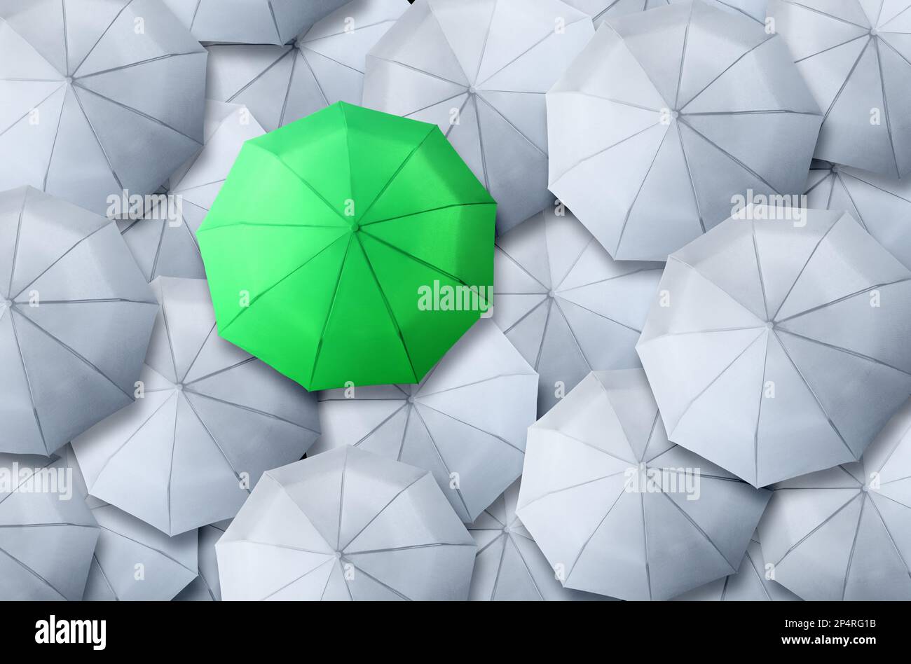 Green umbrella standing out of other ones, top view Stock Photo - Alamy