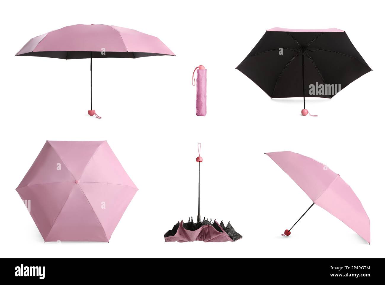 Set With Stylish Pink Umbrellas On White Background Stock Photo Alamy