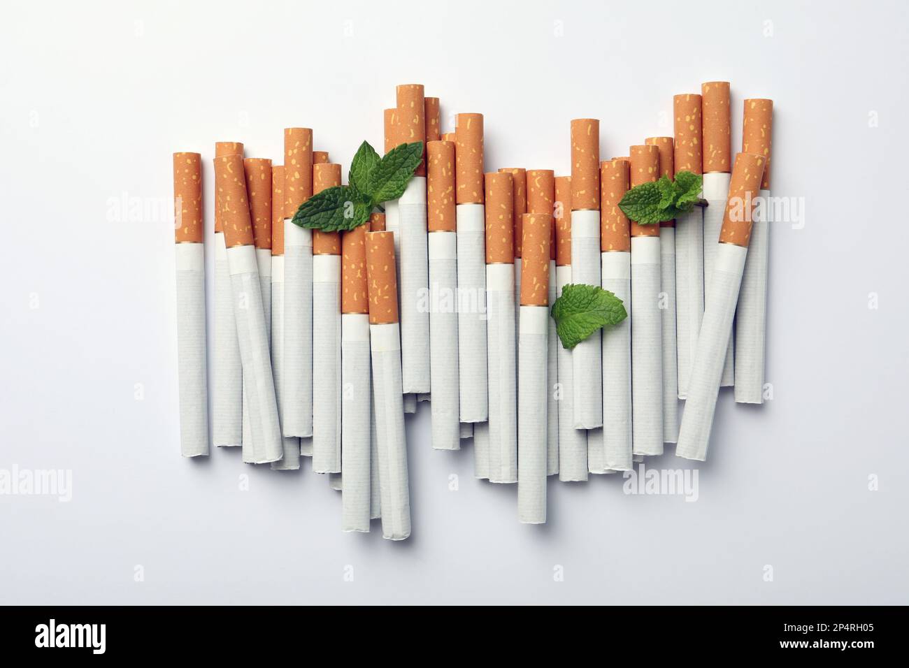 Menthol cigarettes and fresh mint leaves on white background, flat lay ...