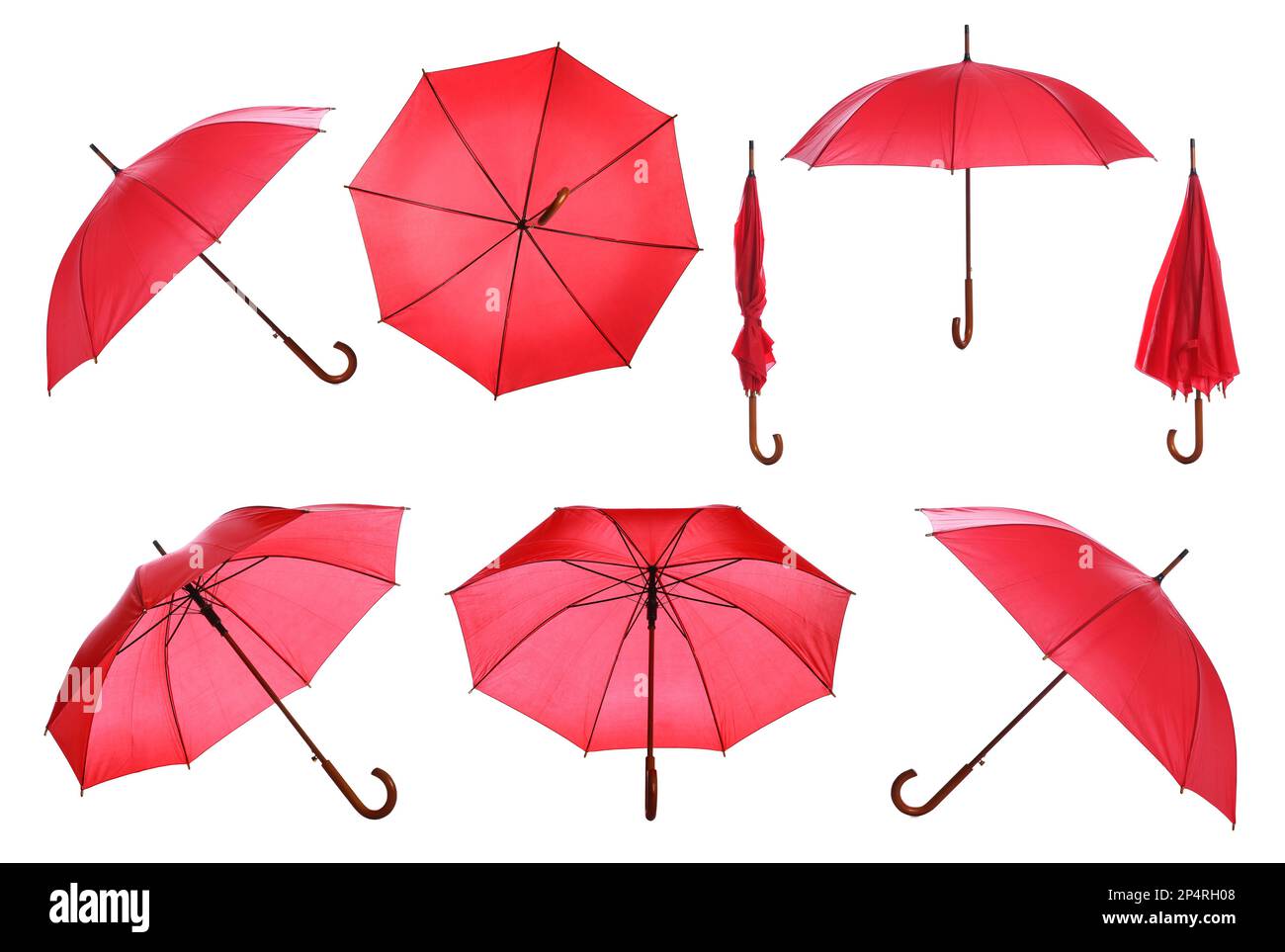 Set with stylish red umbrellas on white background Stock Photo - Alamy