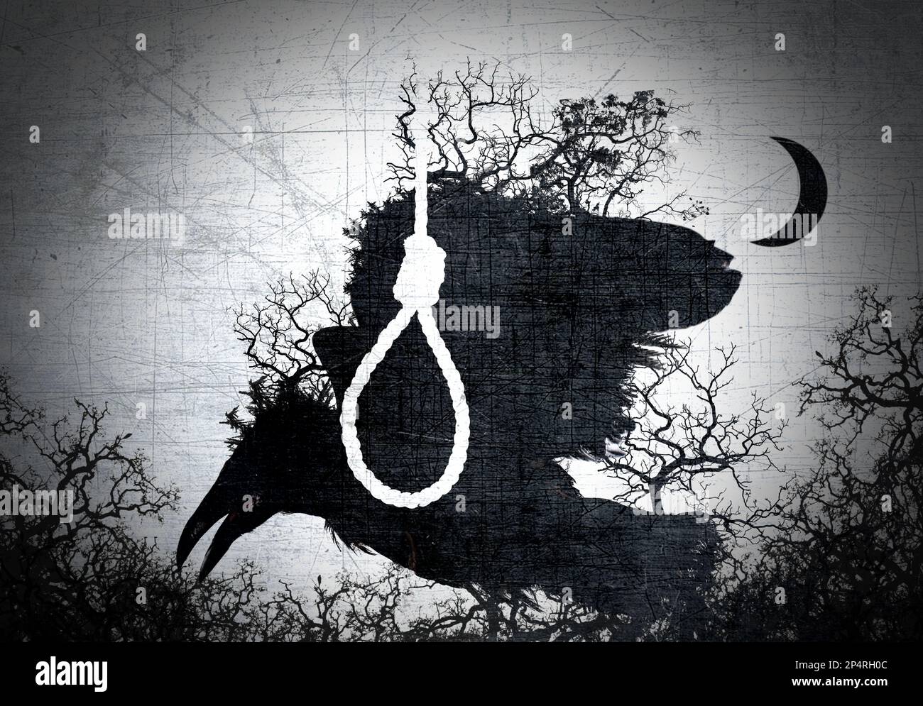 Rope noose with knot outline and illustration of creepy crow and ...