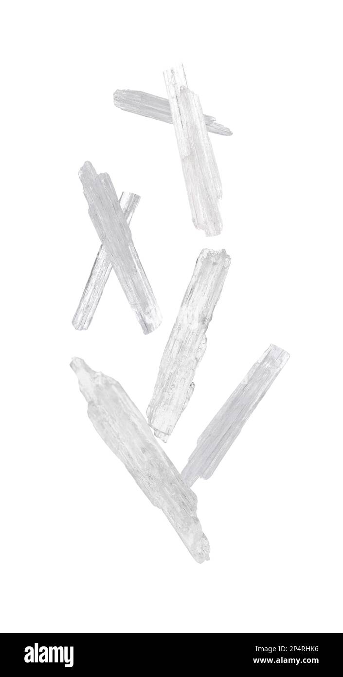 Translucent menthol crystals falling on white background Stock Photo ...