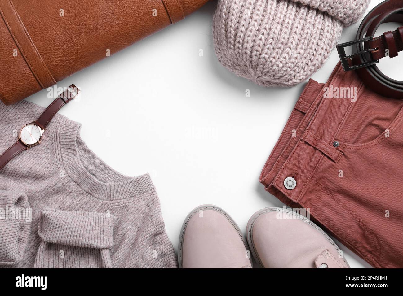 Fall fashion. Layout with woman's outfit on white background, top view ...