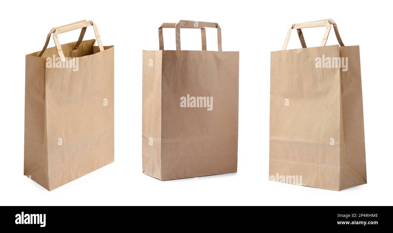 Set with kraft paper bags on white background. Banner design Stock ...