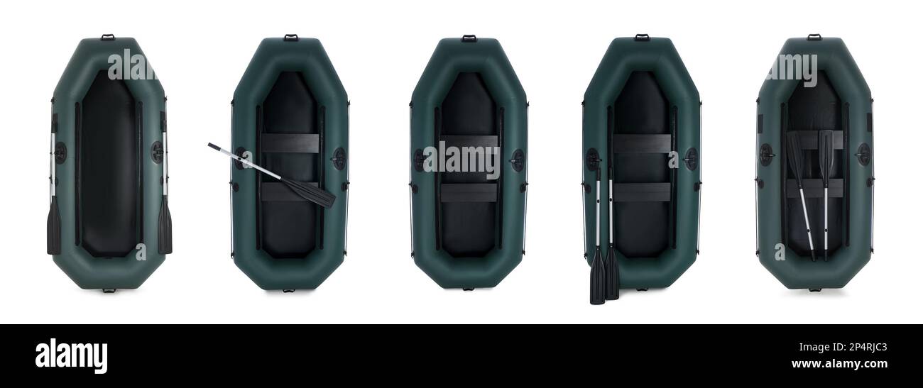 Set with inflatable rubber fishing boats on white background, top view ...