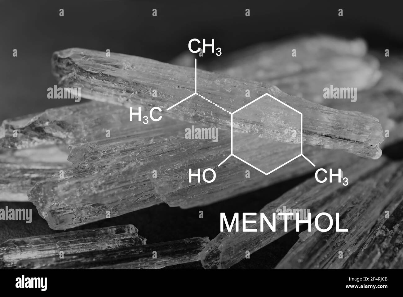 Illustration of chemical formula and menthol crystals on grey ...