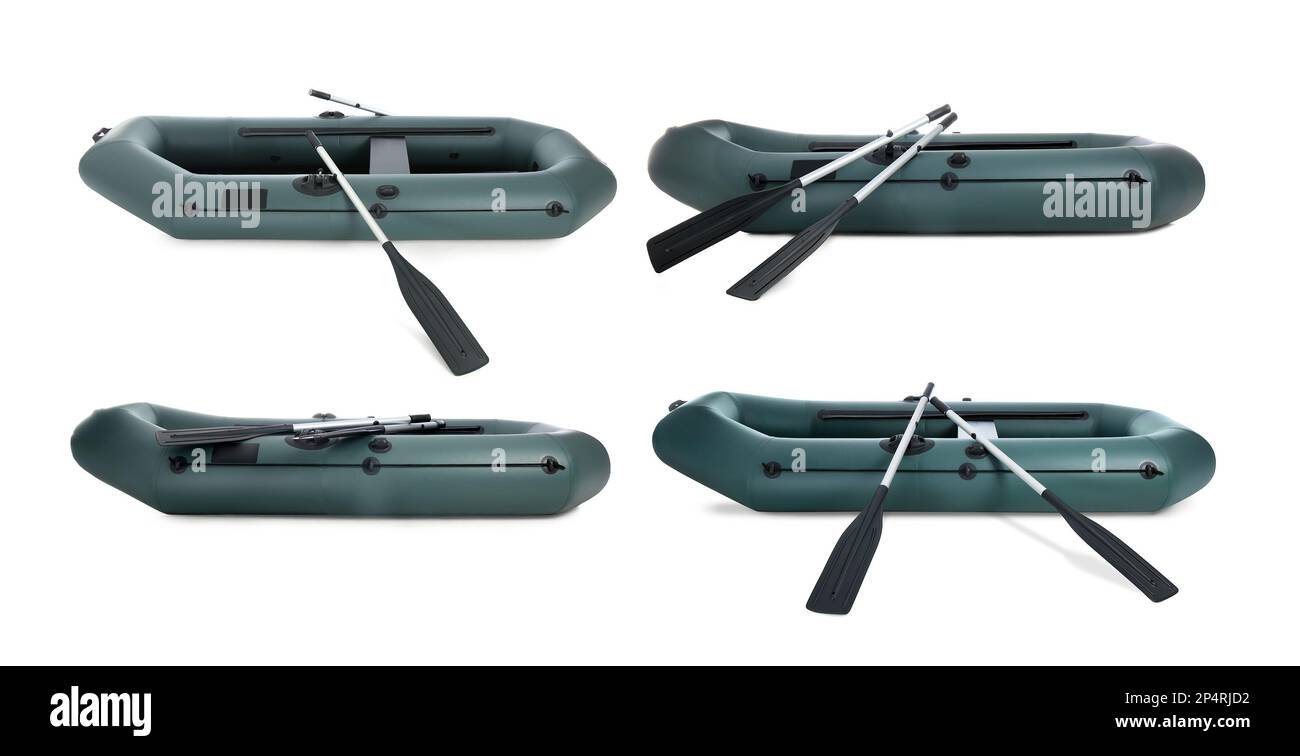 Set with inflatable rubber fishing boats on white background Stock ...