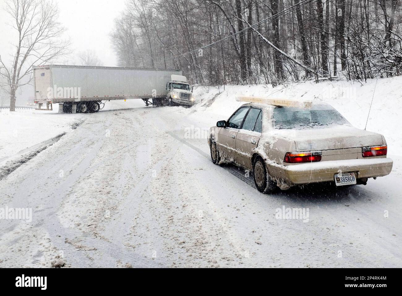 A jackknifed tractor-trailer blocks the eastbound lanes of Route 7 near ...