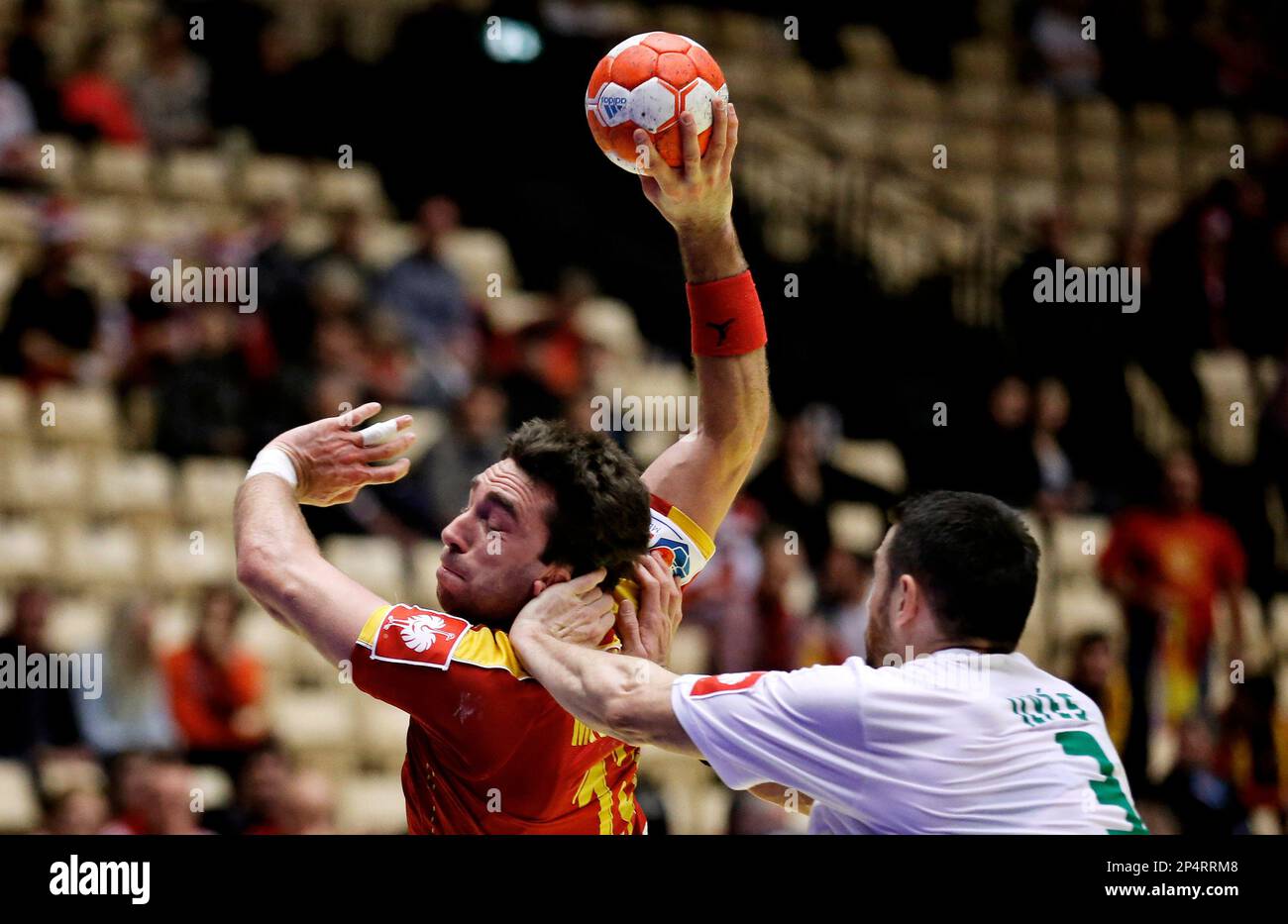 Hungarys Ferenc Ilyes, right and Fyr Macedonia's Filip Mirkulovski ...