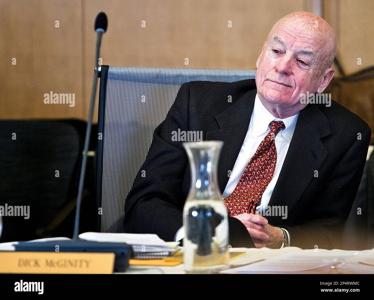 University of Wyoming President Dick McGinity listens to questions and ...