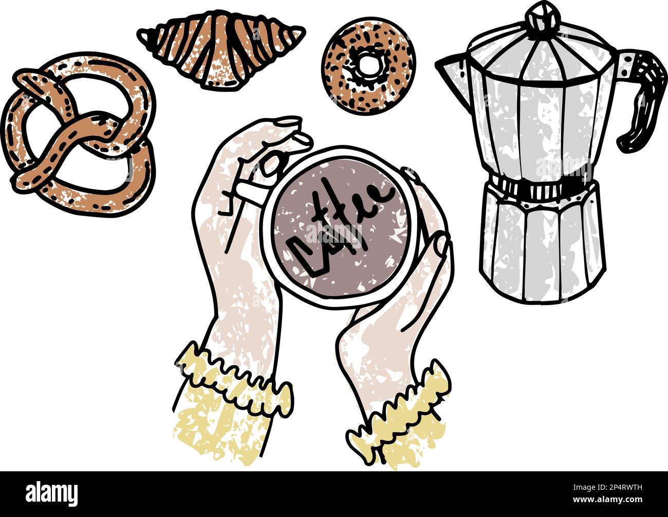 hand drawn vector illustration of a hands with coffee Stock Photo - Alamy