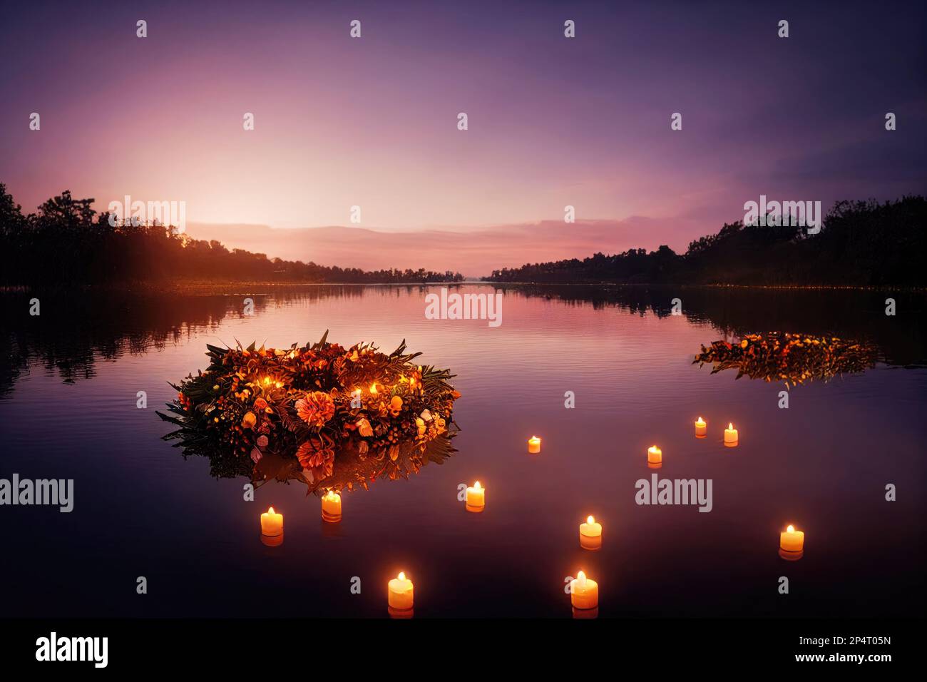 Lake and Flower Wreath. Digital Art Stock Photo - Alamy