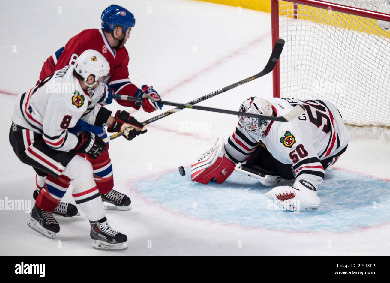 Chicago Blackhawks goalie Corey Crawford blocks a shot by Montreal ...