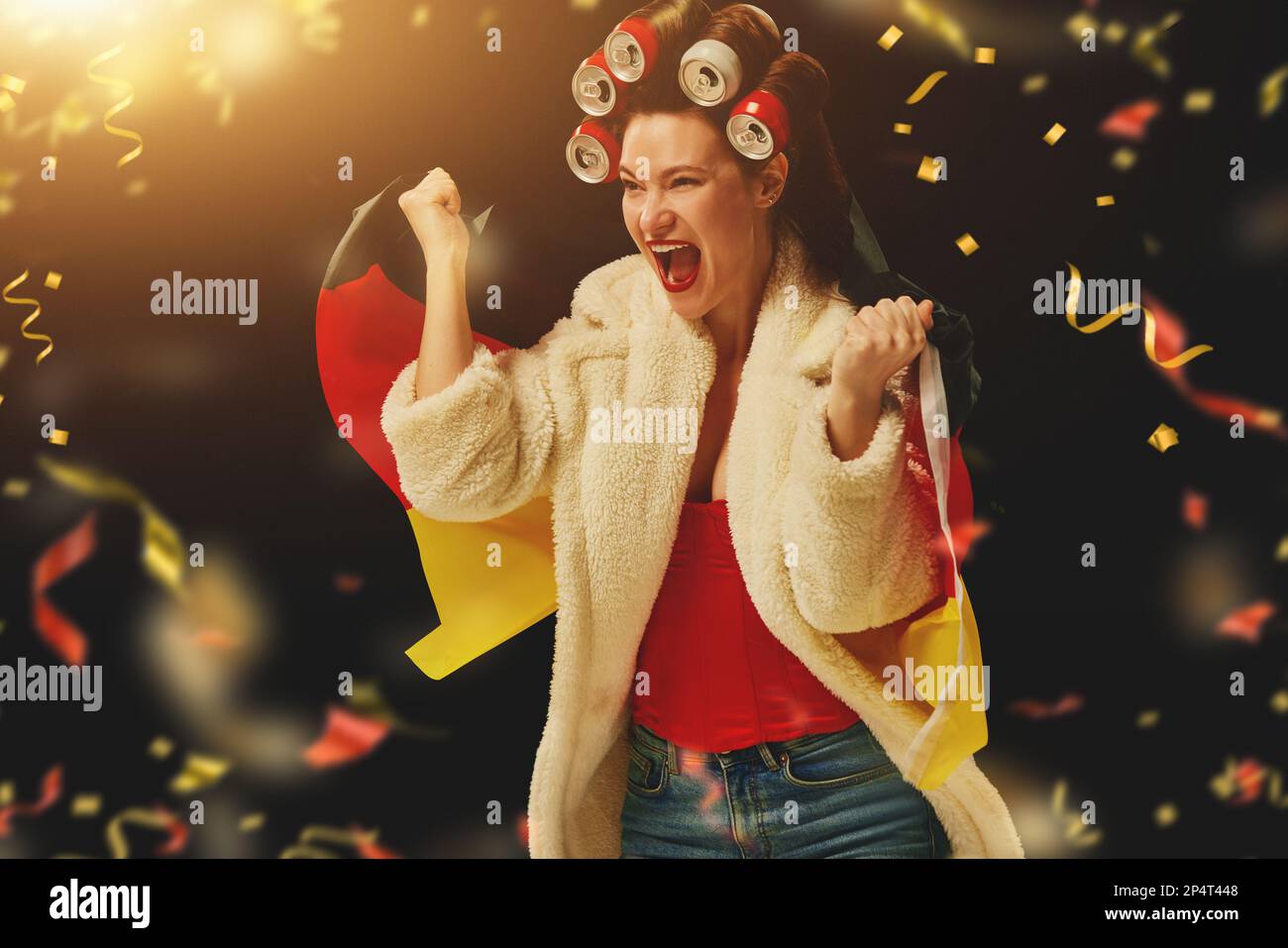 Excited young emotional woman, fan shouting, cheering up favorite ...