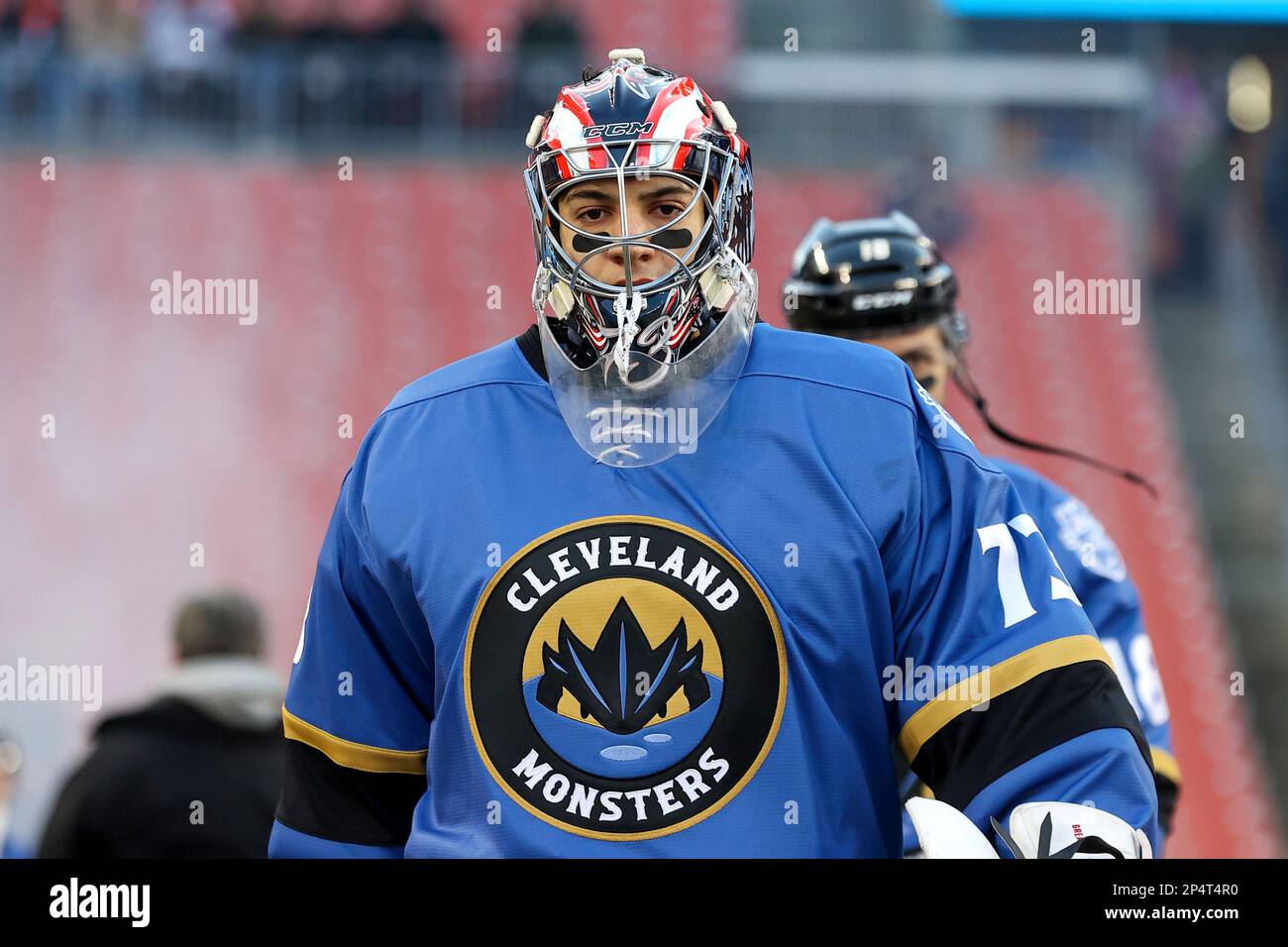 CLEVELAND, OH - MARCH 04: Cleveland Monsters goalie Jet Greaves (73 ...