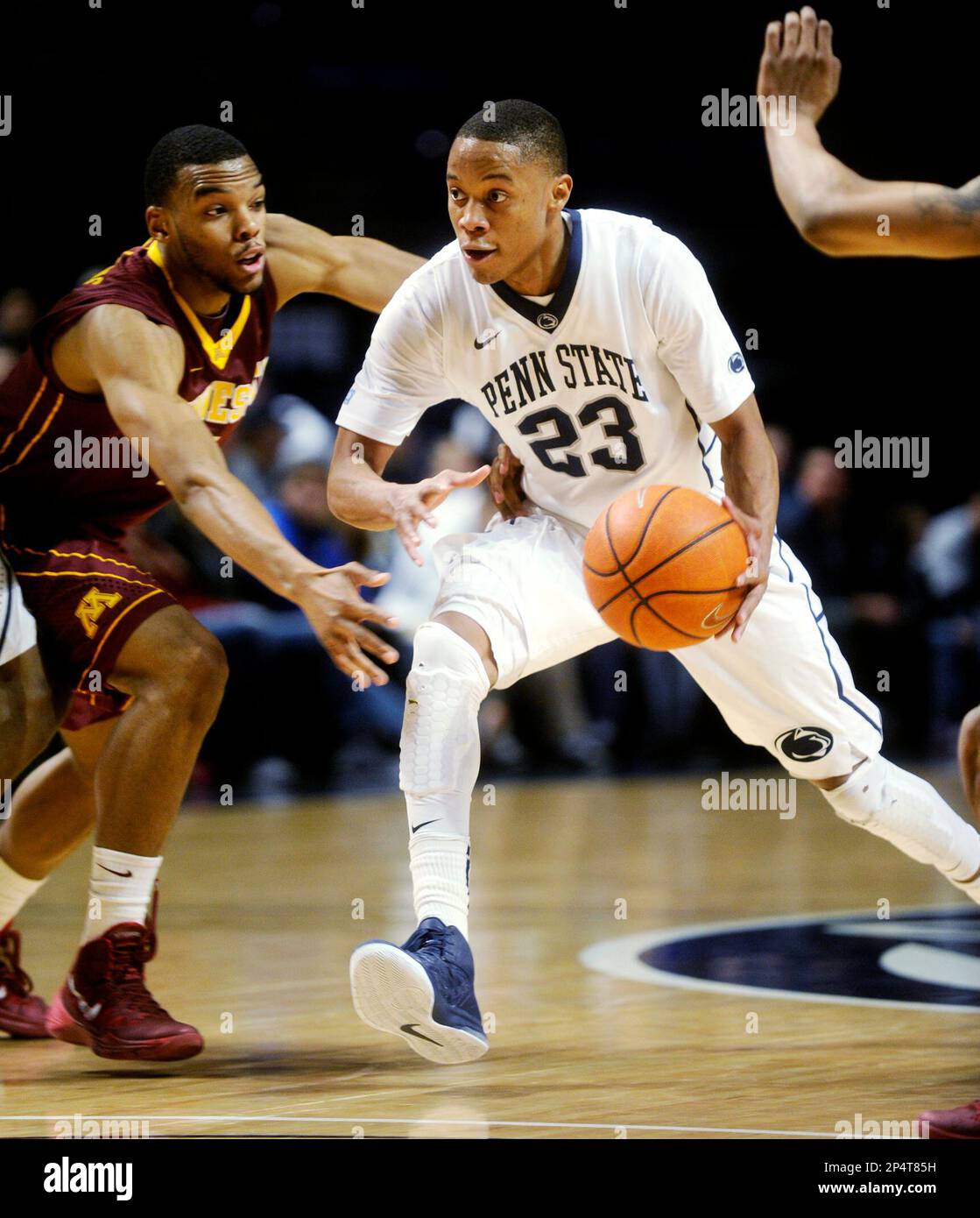 Penn State's Tim Frazier dribbles down the court with the ball around a ...