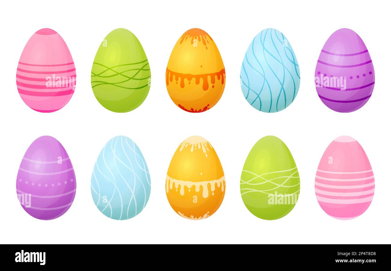 Easter egg hand painted colorful flat set. Geometric line dot wavy tint ...