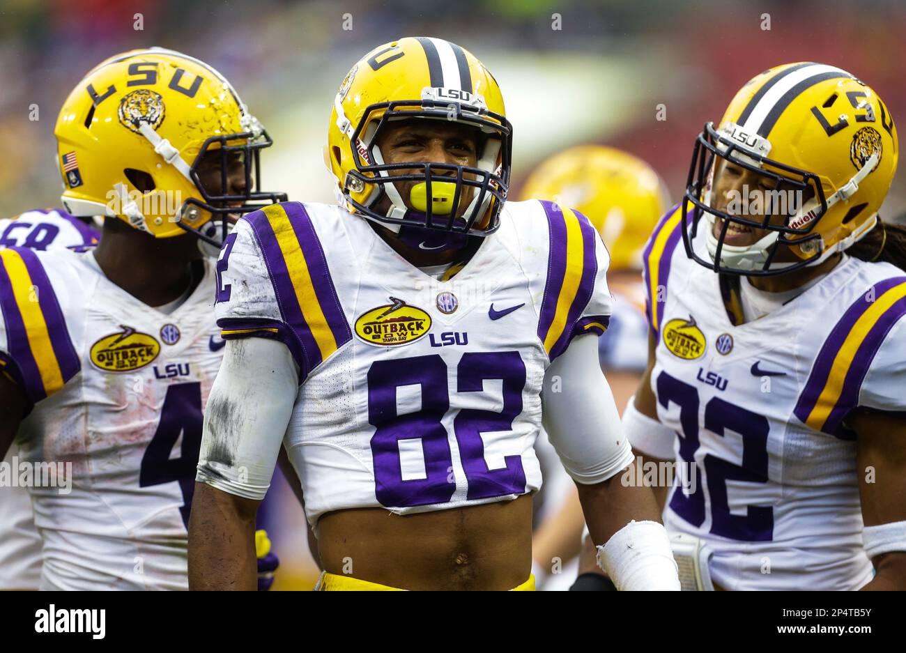 LSU Tigers wide receiver James Wright (82) celebrates with LSU Tigers ...