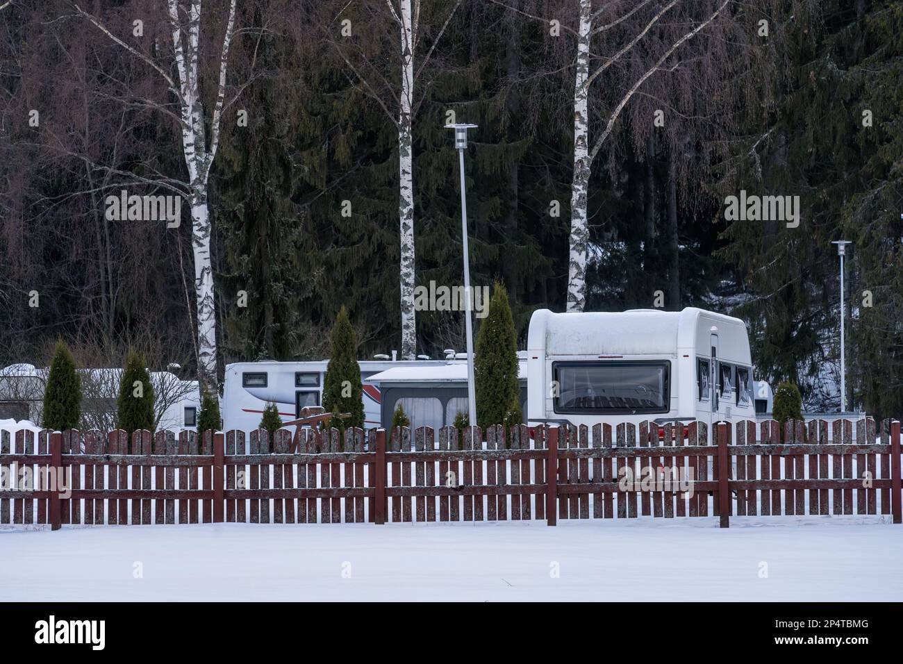 Winter camping, caravan trailers parked in Messila Camping, Hollola ...