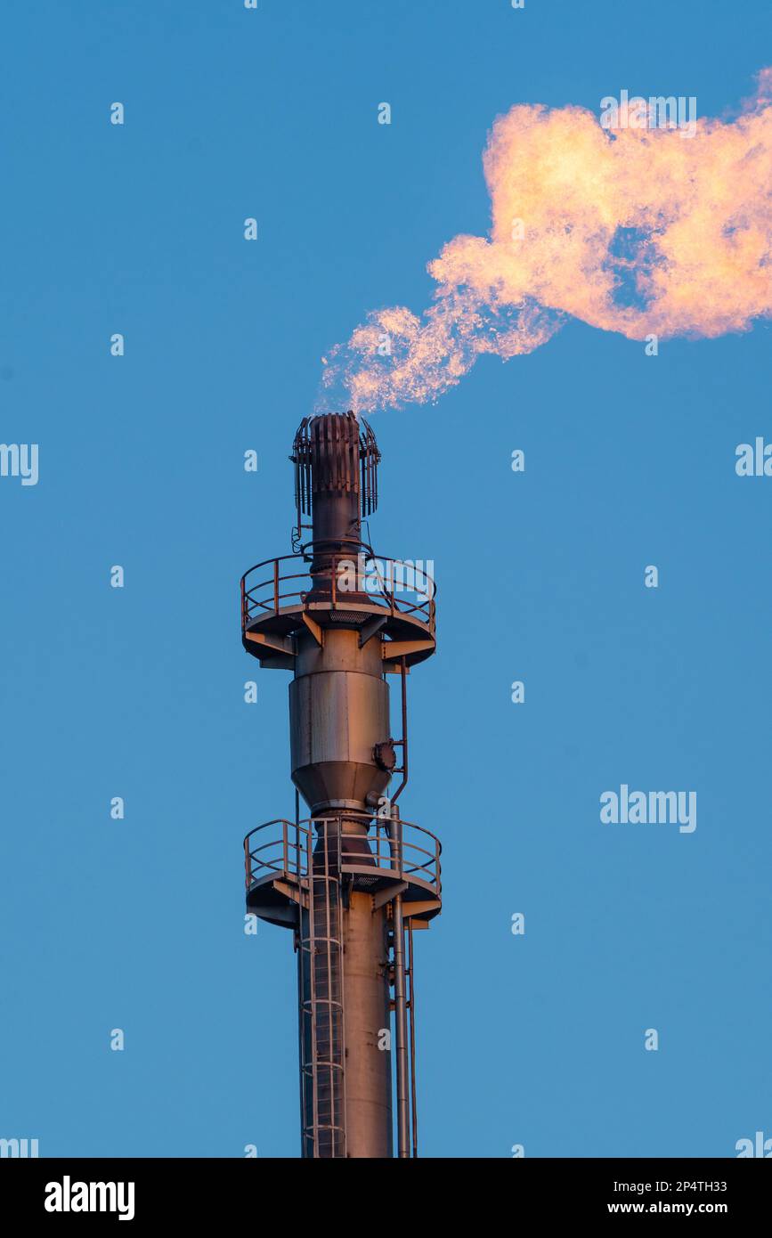 High torch at the Coking Plant „Schwelgern“ of ThyssenKrupp at Dusk ...