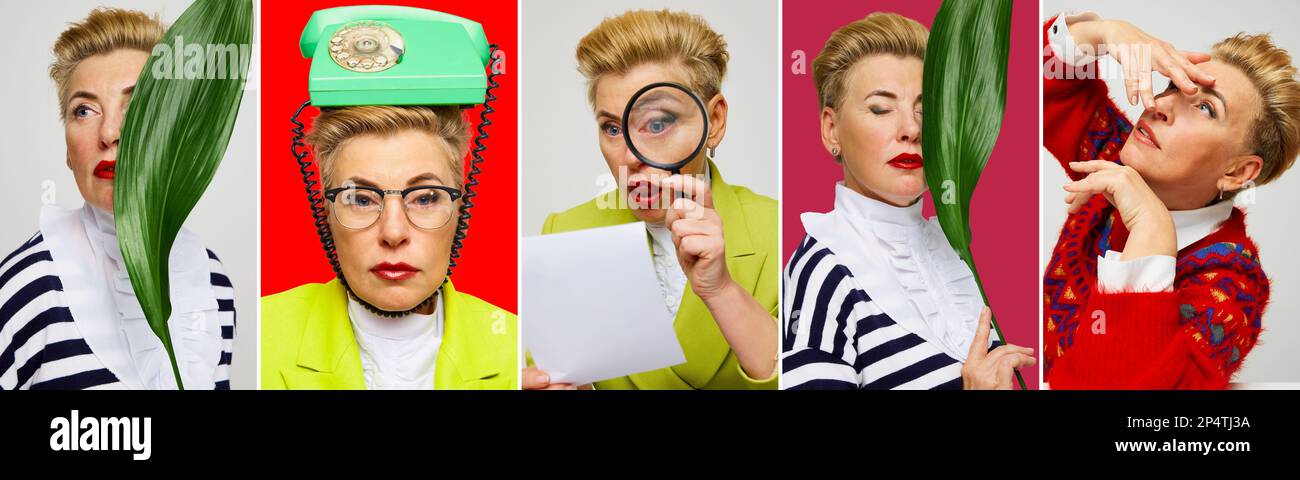 Collage. Mature woman in bright stylish clothes isolated over grey ...