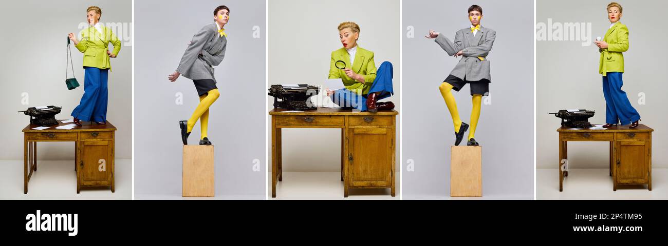 Collage. Mature woman and young man in bright stylish clothes isolated ...