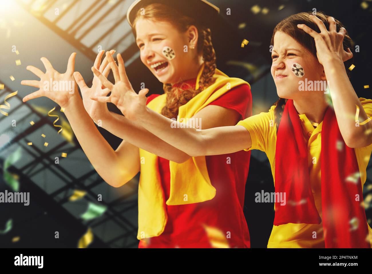 Losing game. Failure. Young girls emotionally watching football match ...