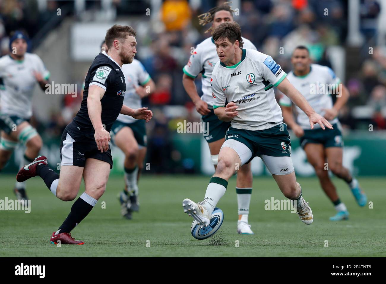 London Irish's Benhard Janse van Rensburg (left) and Newcastle Falcons ...