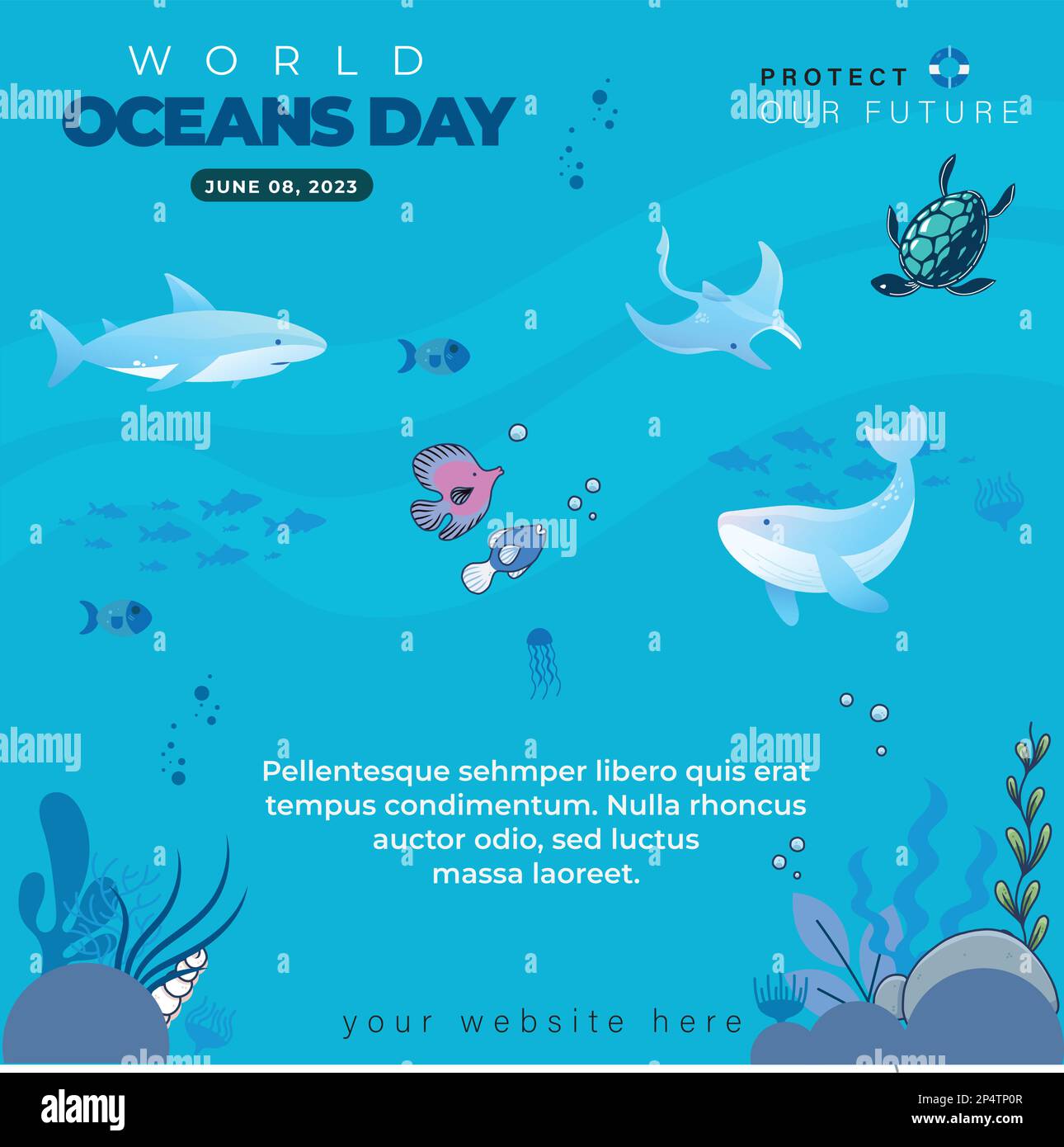 World oceans day design with underwater ocean, dolphin, shark, coral ...