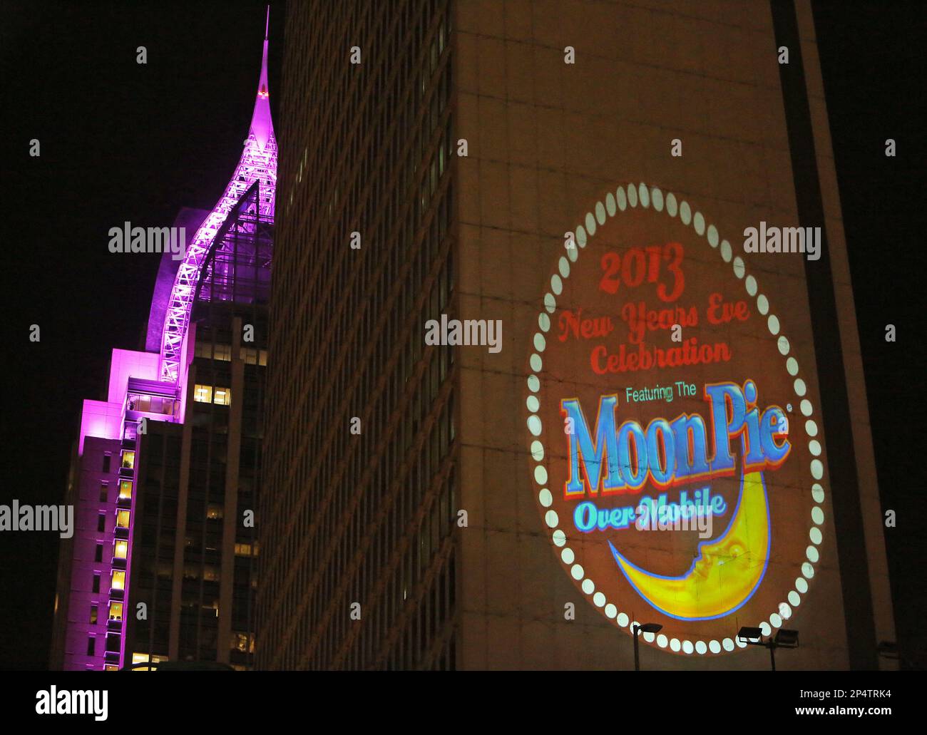 A graphic is projected onto the RSA BankTrust Building as the taller ...