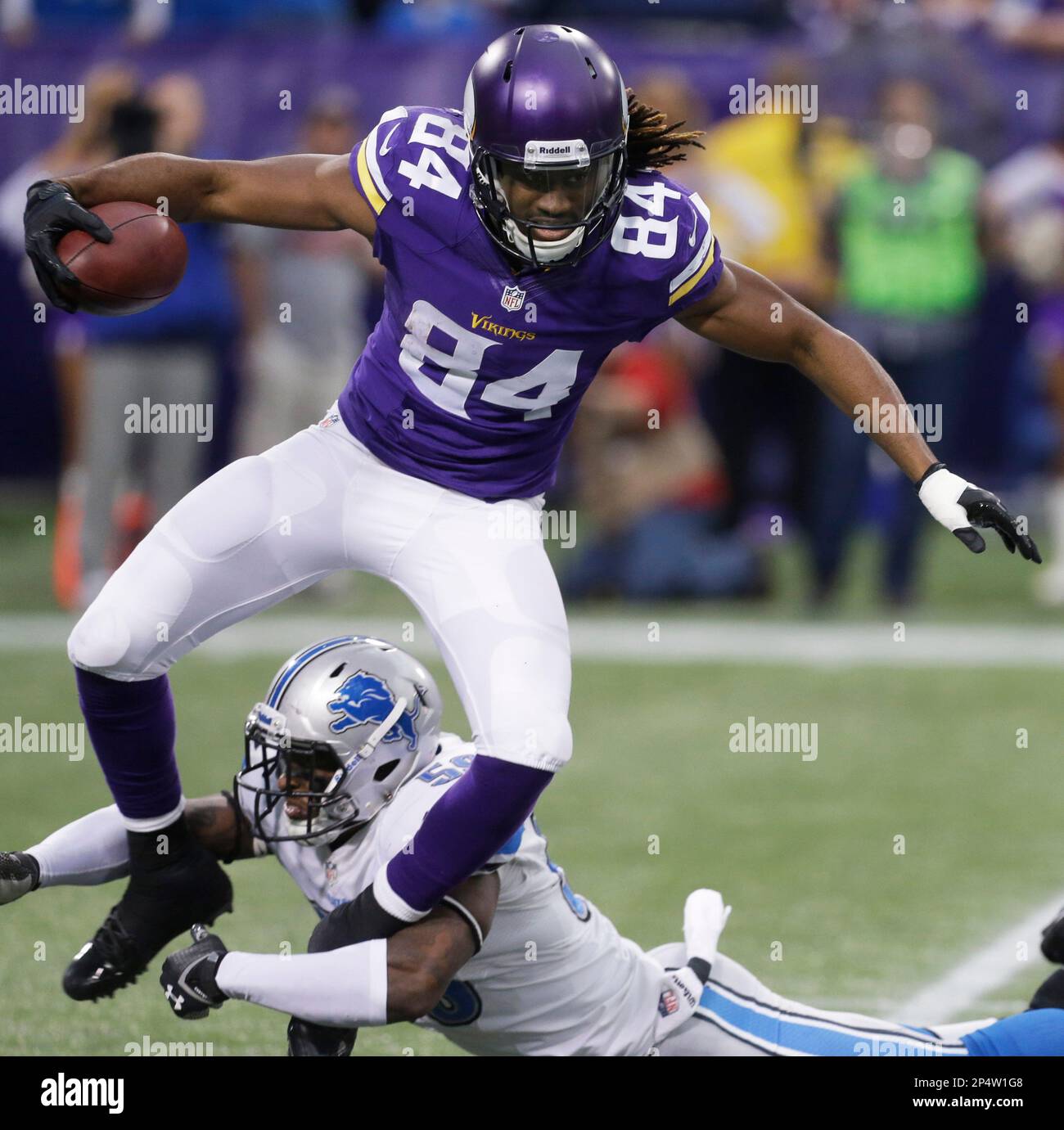 Minnesota Vikings wide receiver Cordarrelle Patterson (84) breaks a tackle by Detroit Lions ...