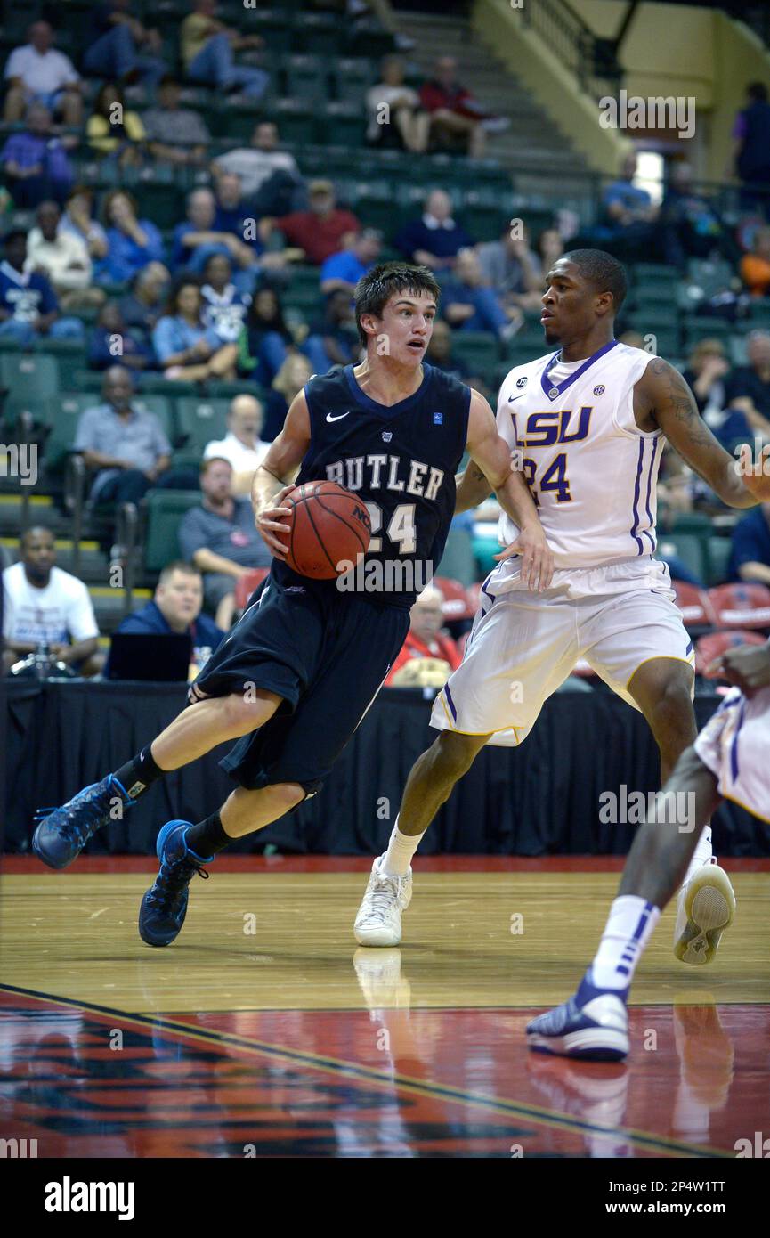 Butler guard Kellen Dunham (24) drives past LSU guard Malik Morgan ...