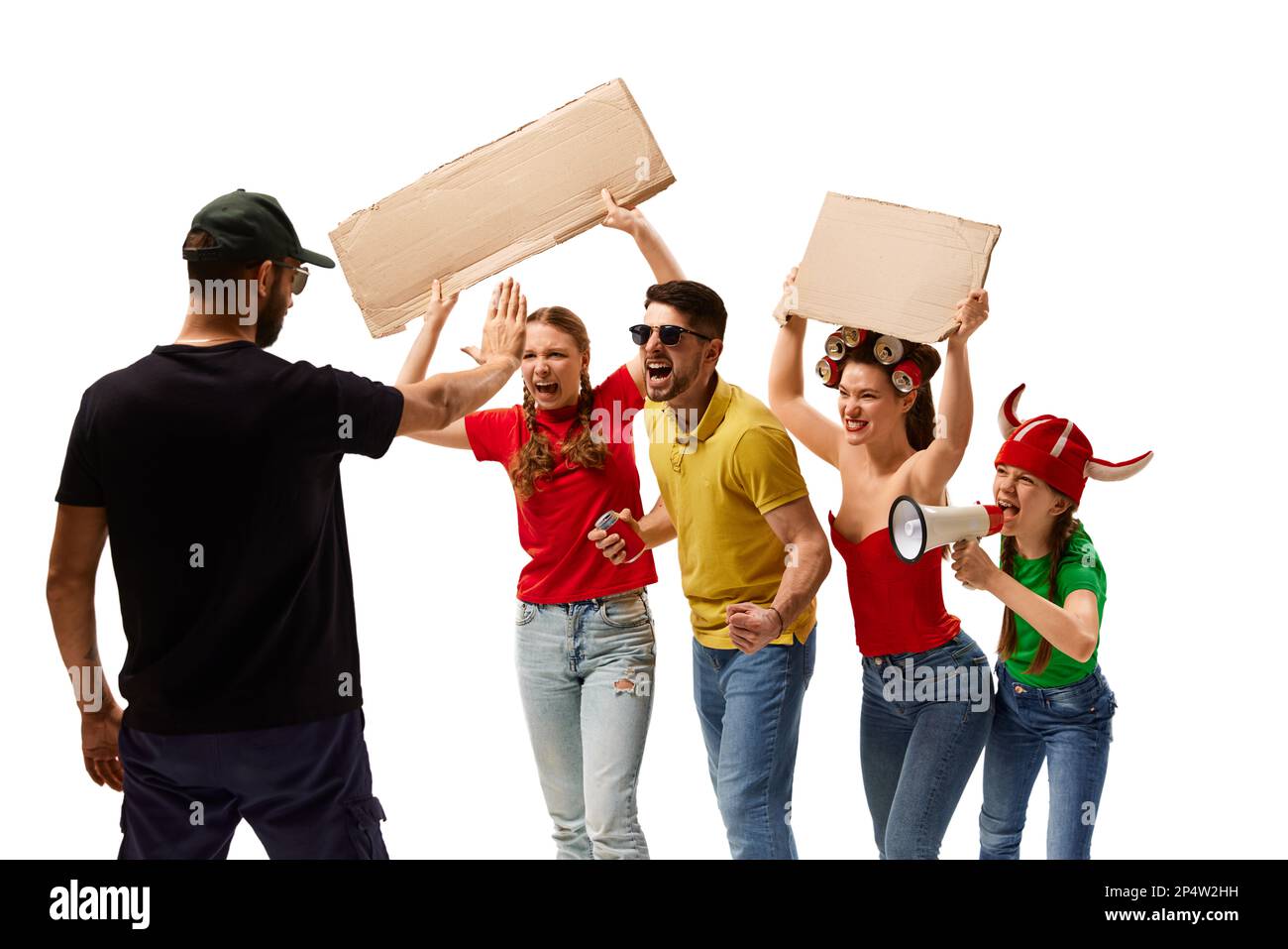 Group of young people protesting, emotionally shouting over white ...