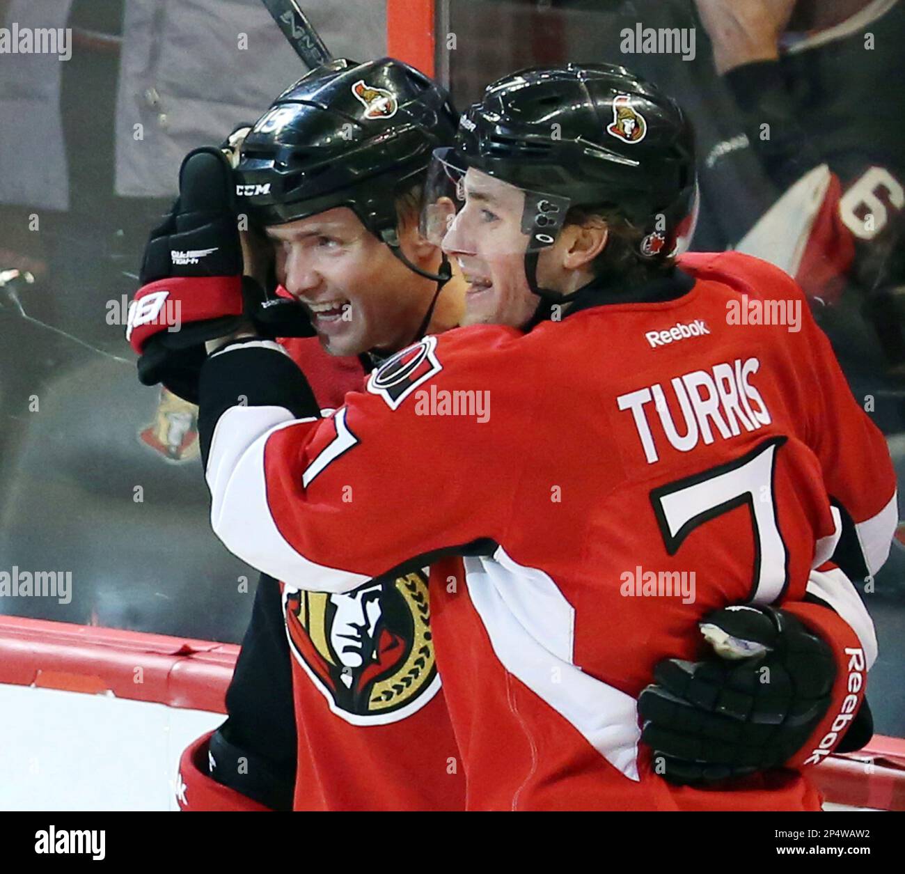 The Ottawa Senator's Zack Smith (15) celebrates his goal with teammate ...