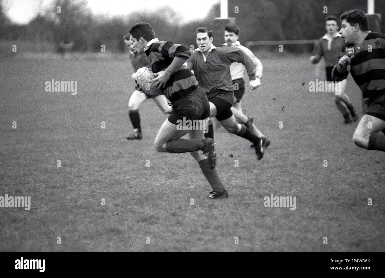 1980s, rugby union match, a wingback, ball in hands, being chased by ...