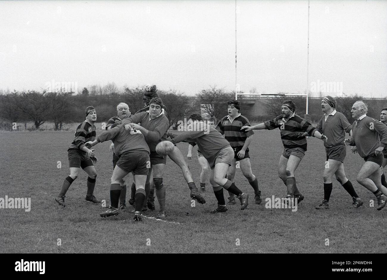 1980s, amateur rugby union match, outside on a rugby pitch, forwards ...