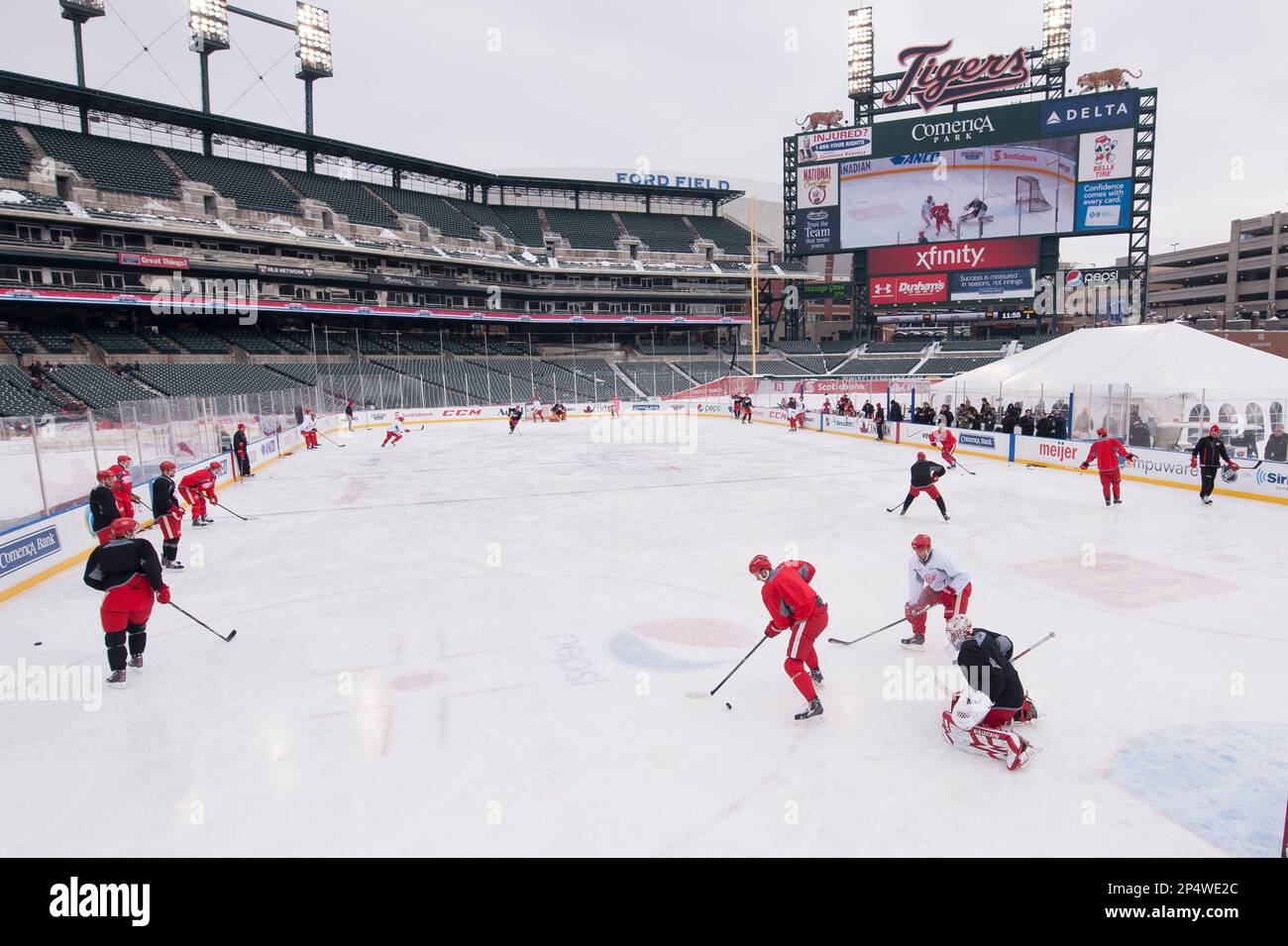 The Detroit Red Wings skate during practice on the the outdoor hockey ...