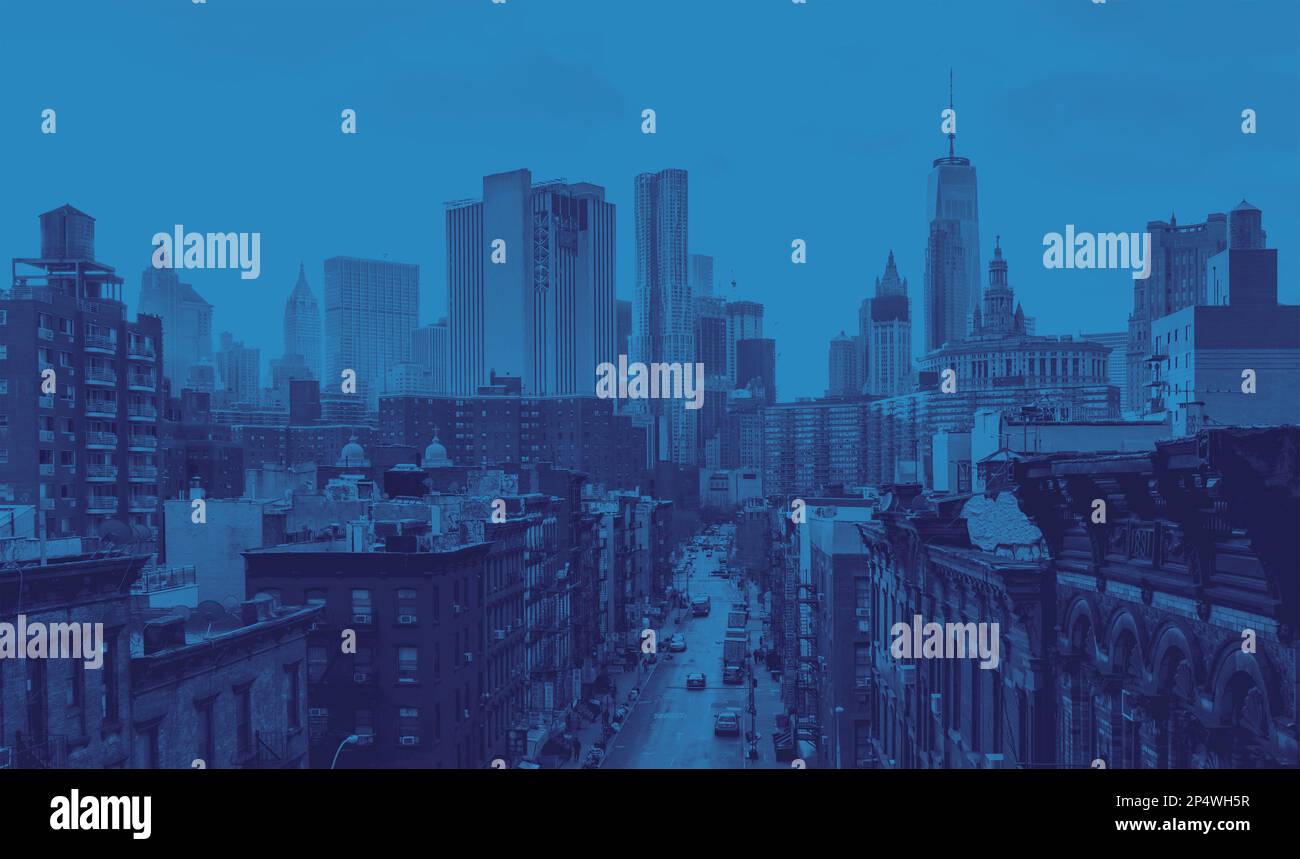 New York City overhead view of Madison Street in Chinatown and the ...