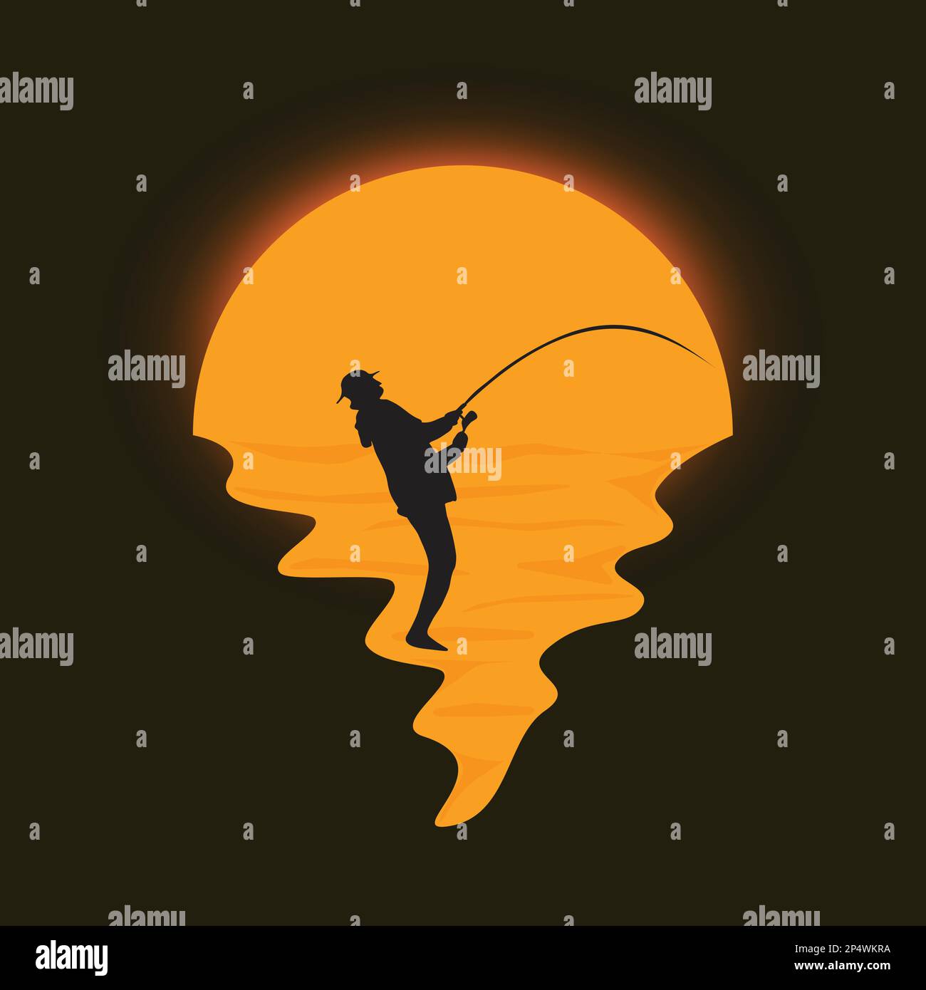 Angler Fishing Silhouette logo with Sunset on black background. Outdoor ...