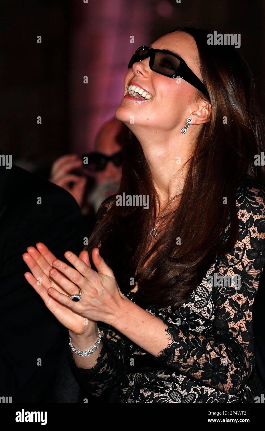 Kate, the Duchess of Cambridge, wears 3D glasses before a screening of ...