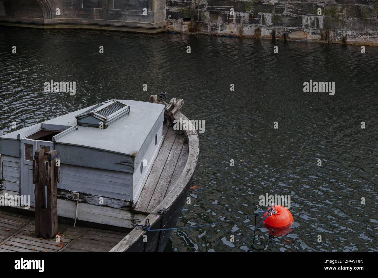 Top view group of small boats docks on the canal in Copenhagen, Denmark ...