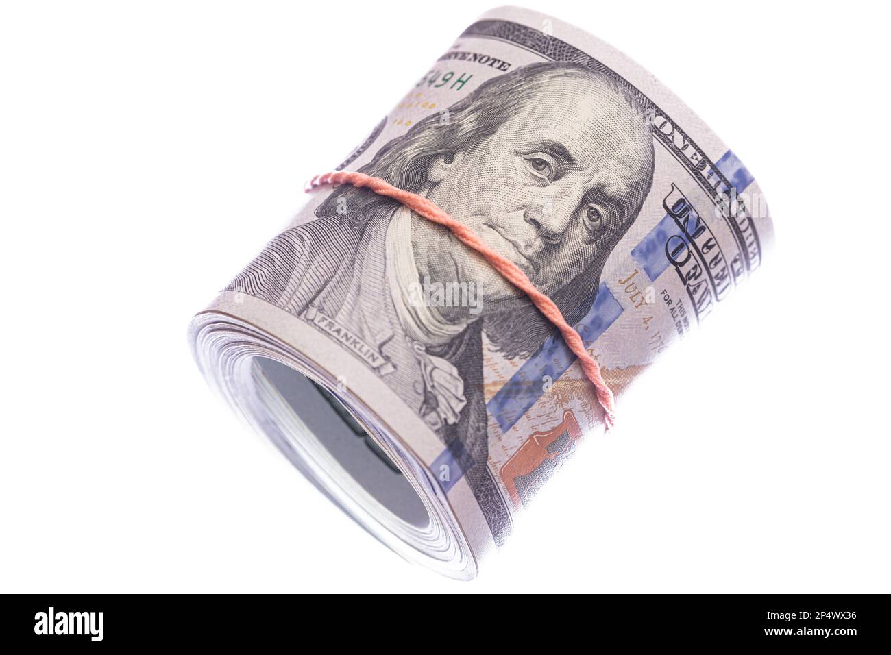 roll of 100 dollar banknotes on white background for design purpose ...