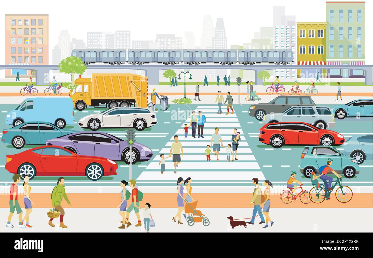 City with traffic and houses with pedestrians, illustration Stock ...
