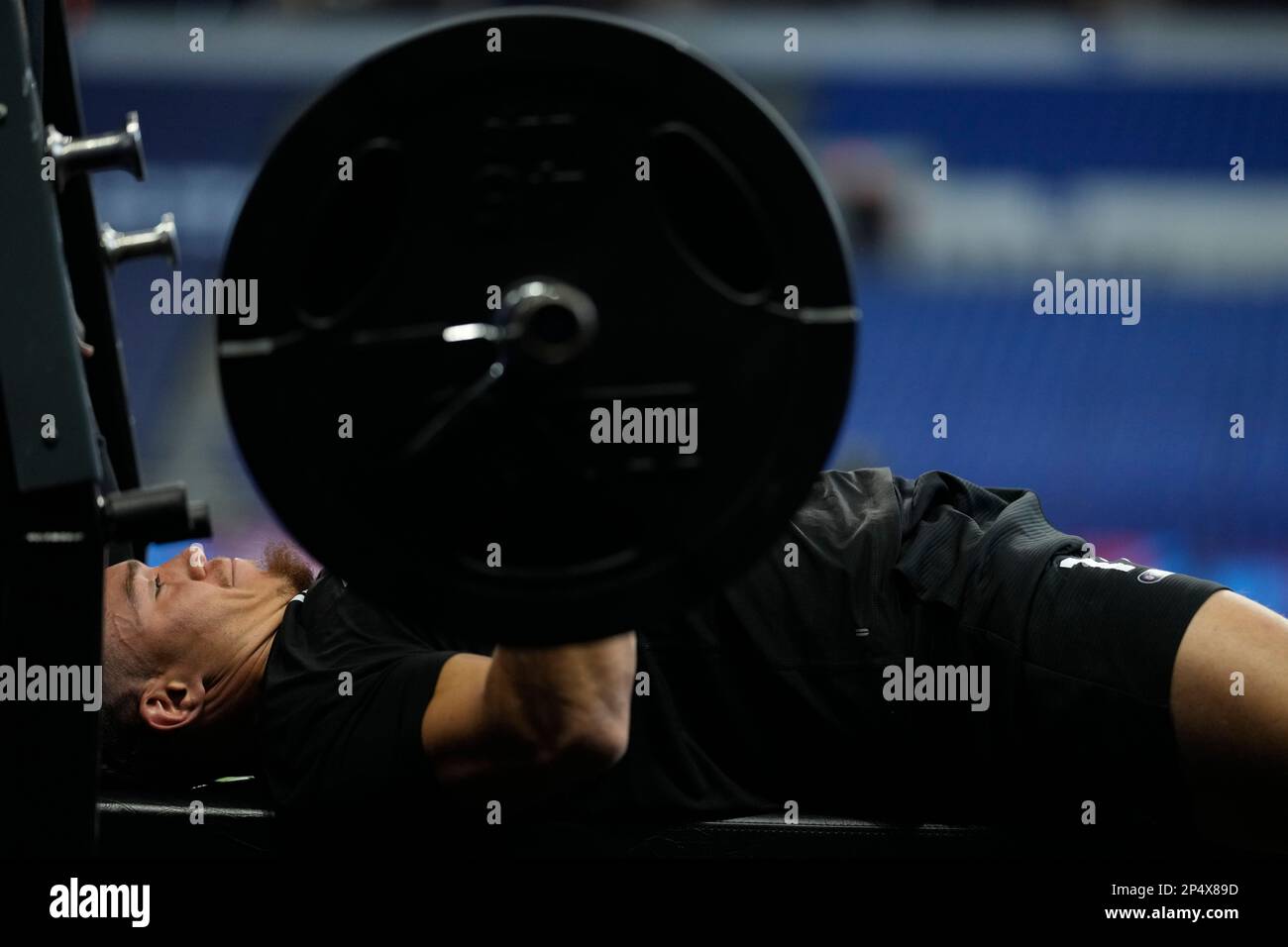 Northwestern running back Evan Hull participates in the bench press at ...